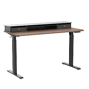 FEZIBO 55 x 24 Inch Height Adjustable Glass Electric Standing Desk with Double Drawer, Stand Up Desk with Storage Shelf, Sit Stand Desk, Black Walnut