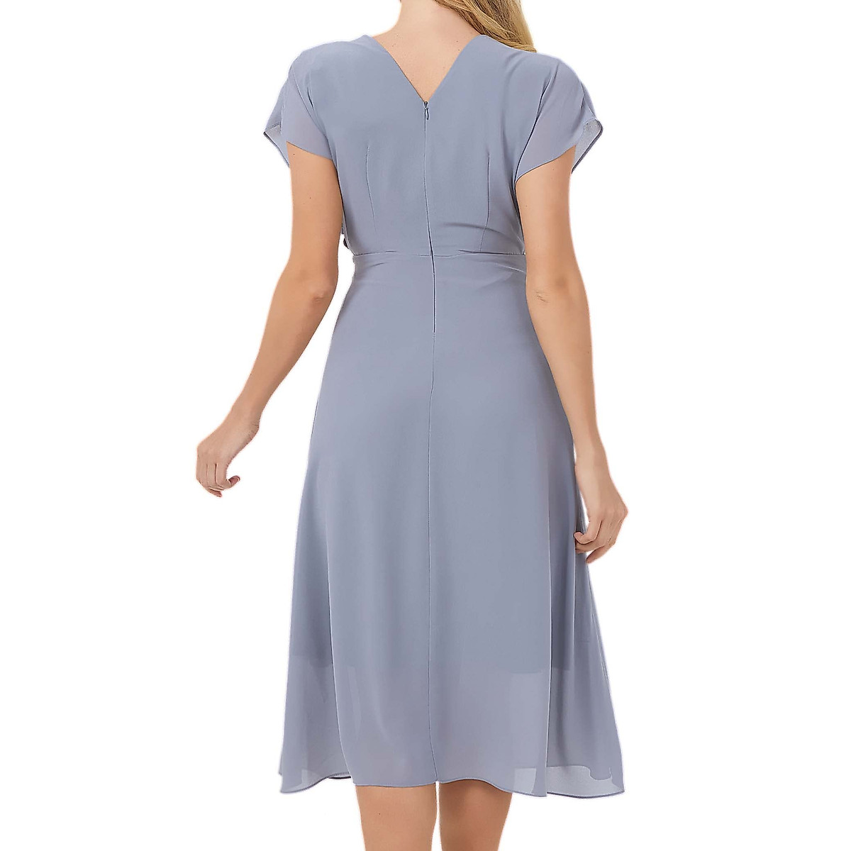 S・DEER Women's Summer Double V Neck Dress, Flutter Sleeve Ruffle Chiffon Formal Party Wedding Guest Midi Dresses(Grey,L)