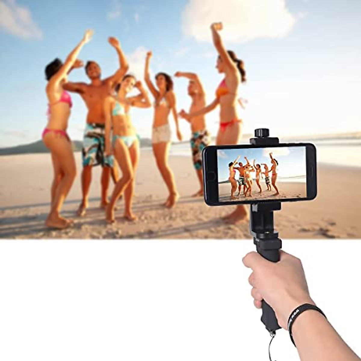 Ergonomic Anti-Falling Cell Phone Vlogging Hand Grip Stabilizer Smartphone Holder Rig Mount Video Kit w/Safety Strap Portable Selfie Stick for iPhone Samsung (Landscape+Portrait)-Mic/Light Adapter