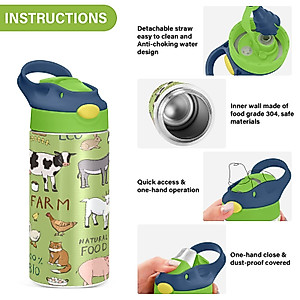 Kigai Farm Animals Kids Water Bottle, BPA-Free Vacuum Insulated Stainless Steel Water Bottle with Straw Lid Double Walled Leakproof Flask for Girls Boys Toddlers, 12Oz