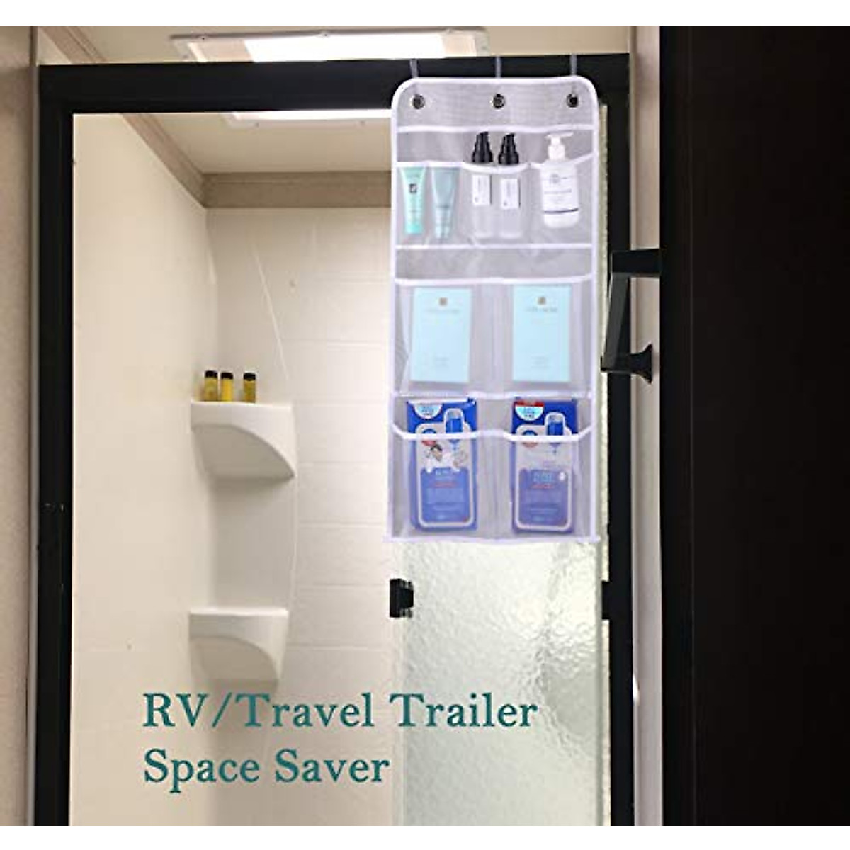 MISSLO Hanging Mesh Pockets Hold 340oz/1000ml Shampoo Shower Organizer with Over the Door Hooks