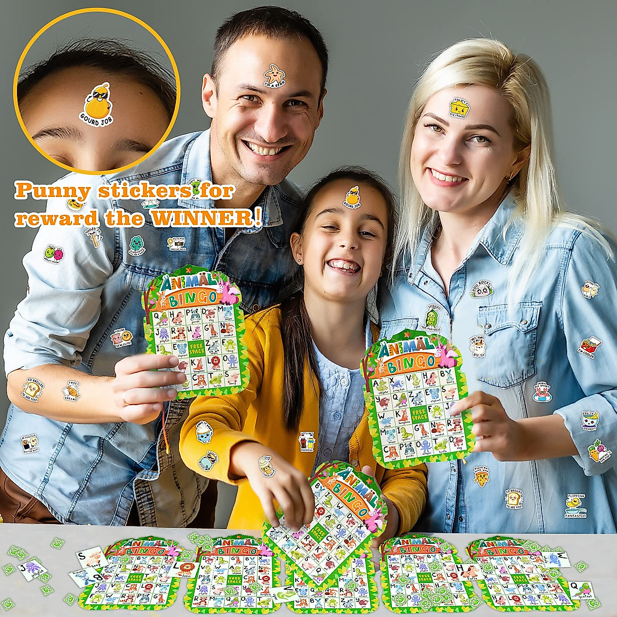 Animal Bingo Game for Kids Toddler Adults Family, Animal Bingo Cards Letter Recognition Jungle Safari Party Game with 24 Players & 40Pcs Punny Stickers for Party Favors Kindergarten Activity Supplies