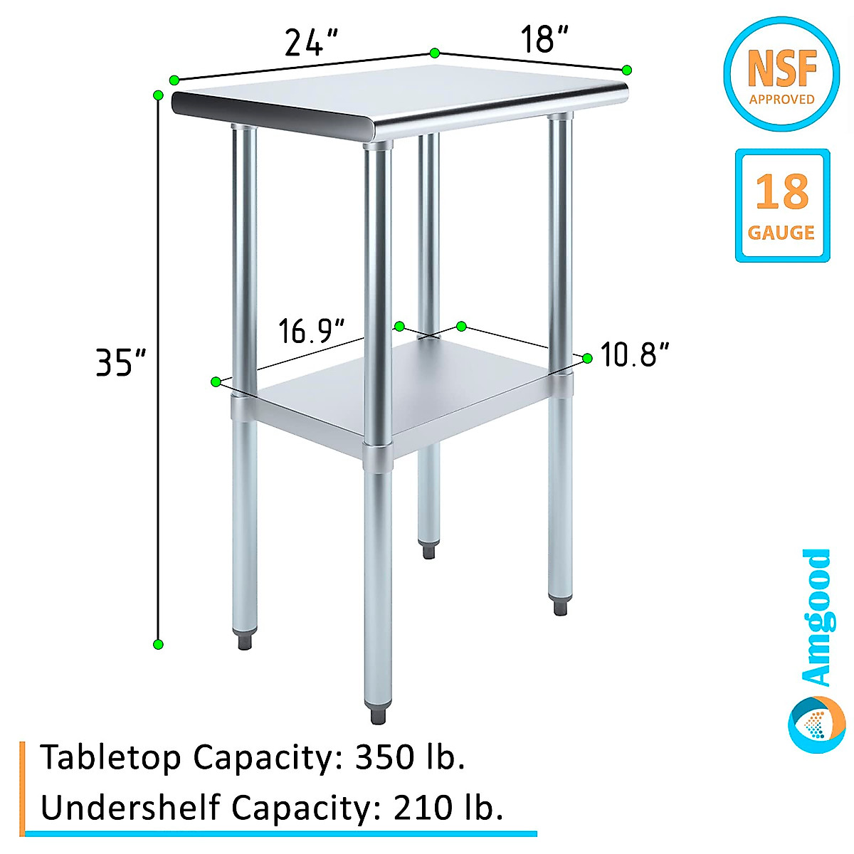 AmGood 18 in. x 24 in. Stainless Steel Work Table | Metal Kitchen Food Prep Table | NSF