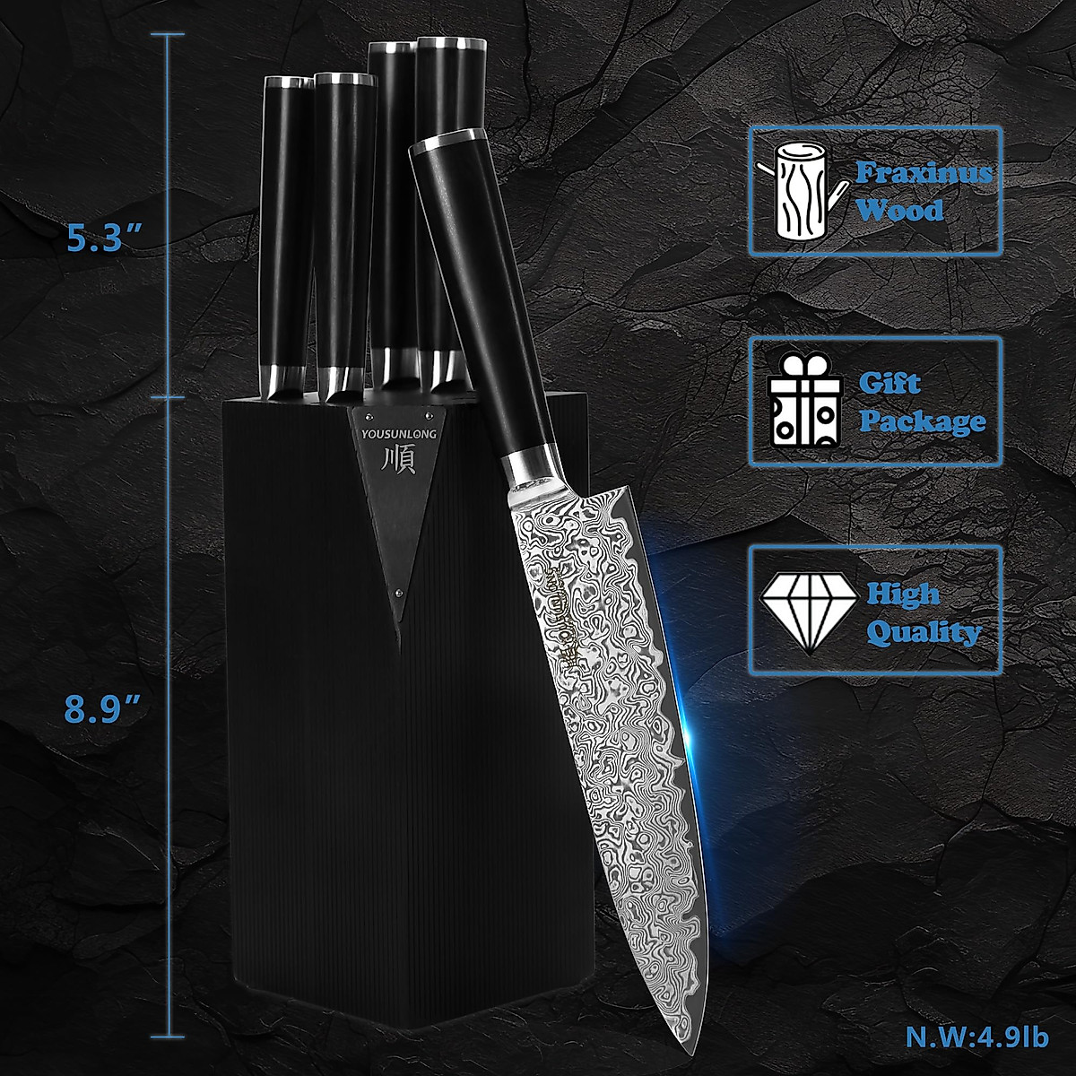 YOUSUNLONG Kitchen Knife Set - 5 Piece Knife Set With Natural Fraxinus Americana Wood Knife Holder - Ultra Sharp High Carbon Japanese Damascus Steel Blade - Natural Ebony Handle