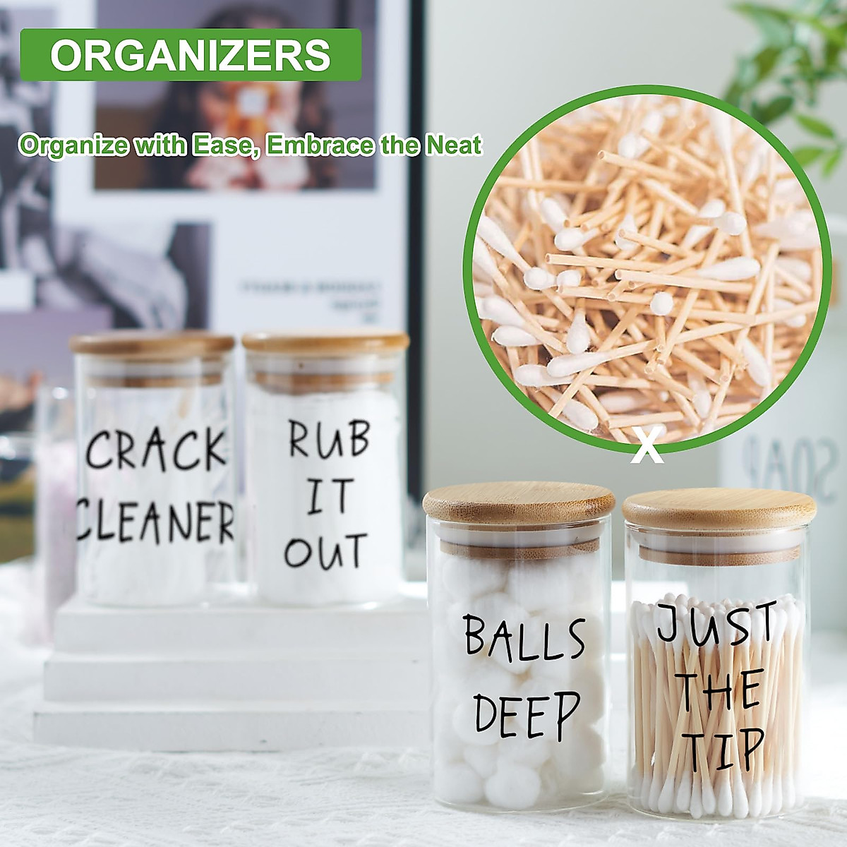 FyndraX Bathroom Organizer Holder Jars Set of 4, Funny Decor Qtip Glass Canister Containers for Guest Room, Restroom and Washroom Storage of Cotton Ball, Cotton Swab, Cotton Round Pads, Floss
