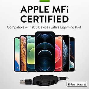 ReTrak Premier Series ETLTUSBBLK Retractable Lightning to USB Charge and Sync Cable for iPhone, iPod, and iPad (Black), 3.2 feet