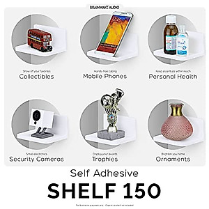 BRAINWAVZ 4.6" Universal Floating Small Wall Shelf Mount for for Speakers, Security Cameras, Plants, Decor, Book, Bathroom etc, Screwless Holder Stand, Strong Adhesive (4.6” x 3.3” SHELF150 White)