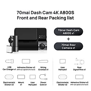 70mai True 4K Dash Cam A800S with Sony IMX415, Front and Rear, Built in GPS, Super Night Vision, 3'' IPS LCD, Parking Mode, ADAS, Loop Recording, iOS/Android App Control
