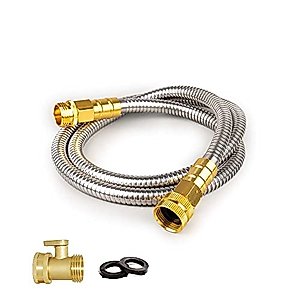 FANGFARM 304 Stainless Steel Metal Garden Hose with Brass Fittings, Shut Off Valve, Water Stop, Heavy Duty Water Hose, Kink Free and Flexible, Crush Resistant, Puncture Resistant(3FT)