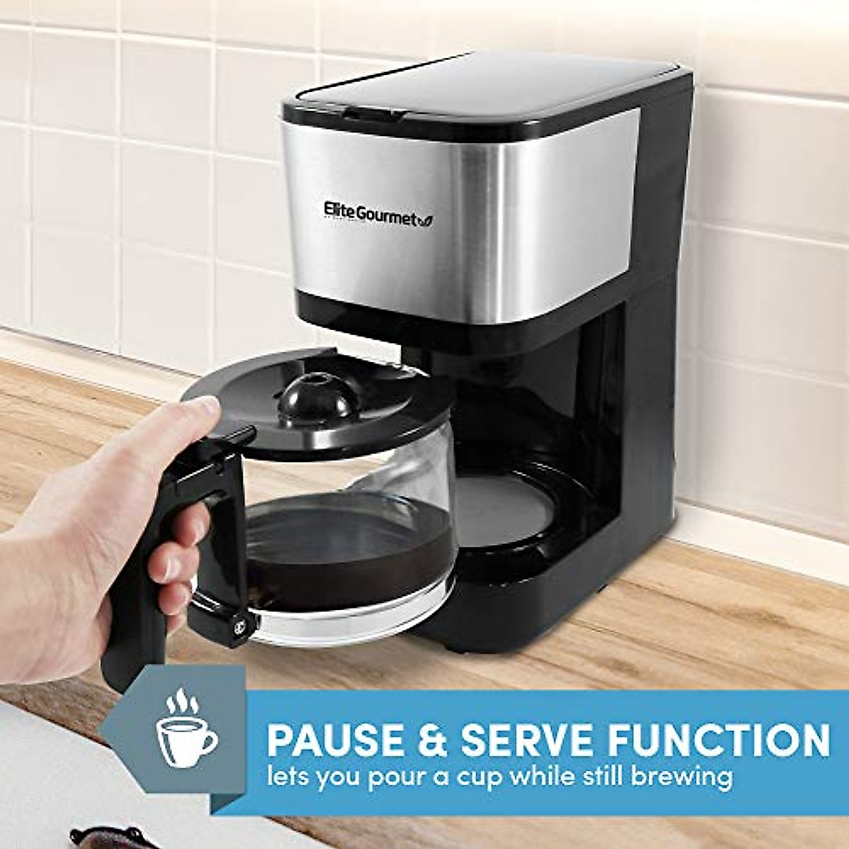 Elite Gourmet EHC9420 Automatic Brew & Drip Coffee Maker, with Pause N Serve, Reusable Filter, On/Off Switch, Water Level Indicator, 5-Cup, Stainless Steel