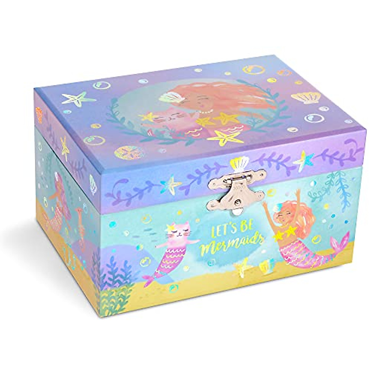 Jewelkeeper Girl's Musical Rainbow Mermaid Jewelry Box, Gold Foil Design, Over the Waves Tune - Musical Jewelry Box