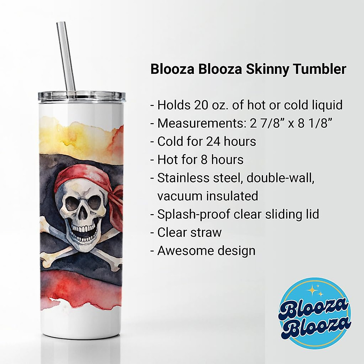 Pirate Jolly Roger Skull Crossbones Flag Watercolor Skinny Tumbler 20oz with Straw Insulated Water Bottle Gift