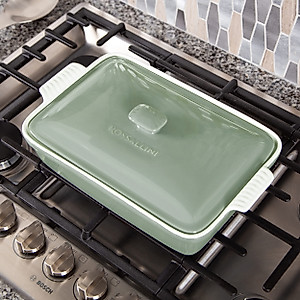 ROSSALLINI Stoneware Casserole Dish Bakeware Set with Lid, Covered Rectangular Dinnerware, Extra Large 4.23 Quart, 13 by 9 Inch, Verde Salvia [Sage Green]