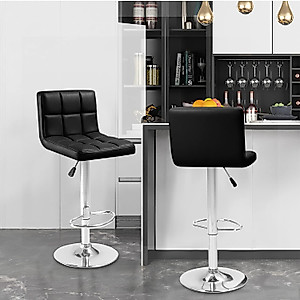 KaiMeng Bar Stools Modern Square Counter Height Barstool 22" to 33" PU Leather Swivel Adjustable Stool with Back Set of 2 for Kitchen Dining (Black)