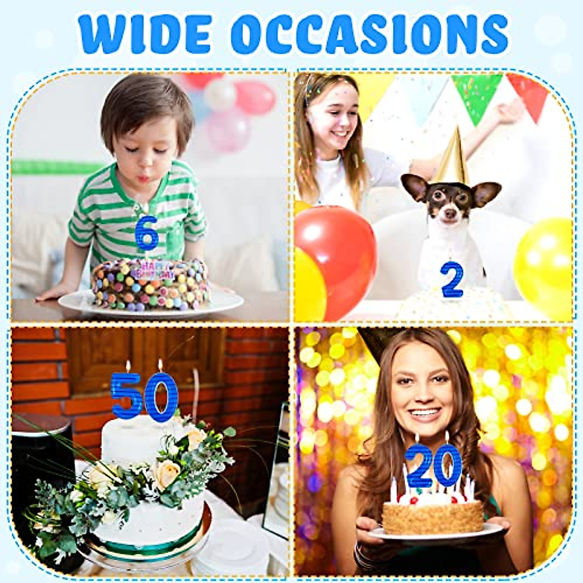 10 Pieces Number Birthday Candles 2.36 Inch Blue Stripes Numeric Birthday Candles Glitter Numbers 0-9 Birthday Cake Candle 3D Design Cake Topper Decoration for Birthday Party Wedding Decor Supplies
