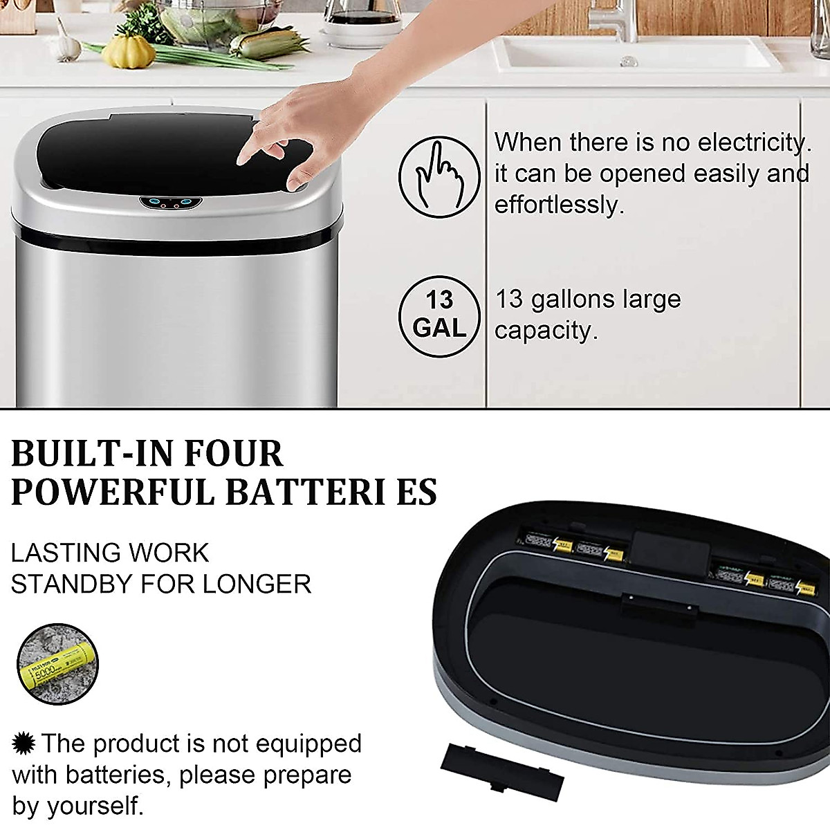 13 Gallon Trash Can Kitchen Garbage Can, Touch-Free Automatic Stainless Steel Trash Can with Lid Oval Shape Garbage Bin 50L High-Capacity Metal Trash Can for Bathroom Bedroom Home Office, Sliver