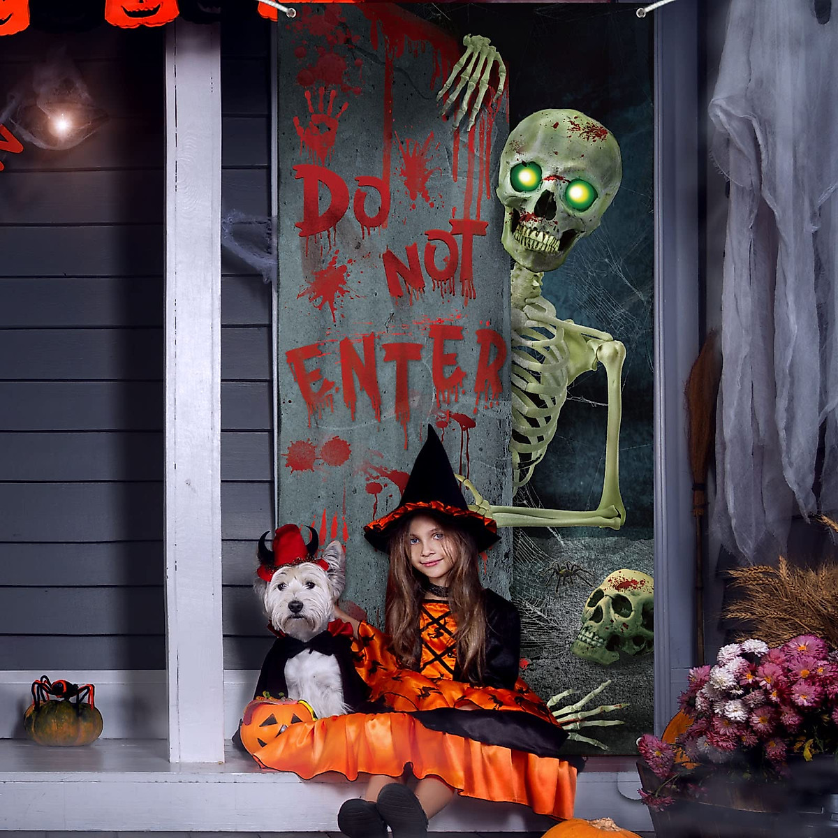 Halloween Skeleton Door Cover Decorations Large Fabric Scary Skull Banner Backdrop Dripping Blood Door Cover Poster for Halloween Party Supplies Props Haunted House Decorations, 35.4 x 70.9 Inch