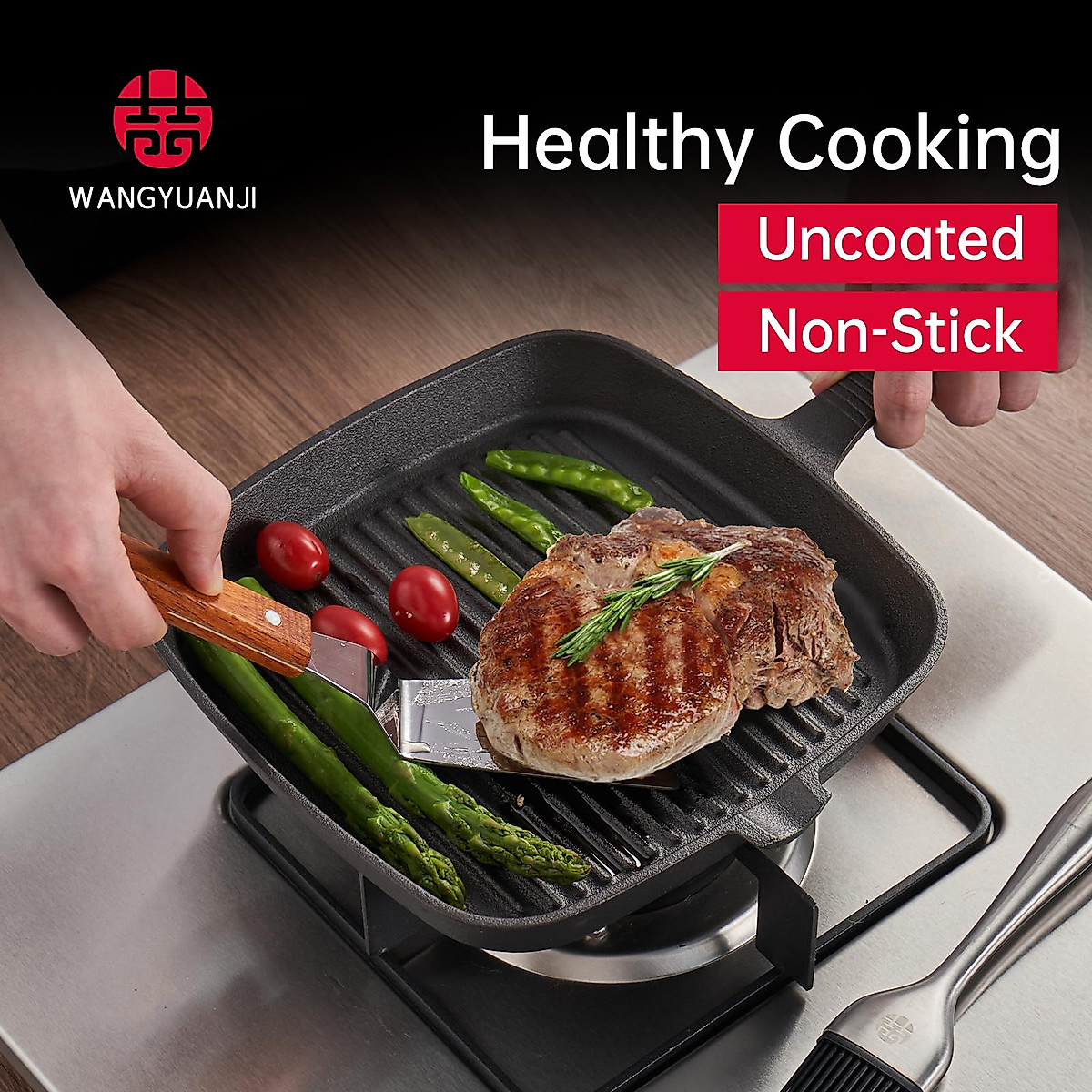 WANGYUANJI Cast Iron Grill Pan,Square Nonstick Grill Pan with Spatula and Brush,9Inch Barbecue Pan for Grill,Stove,Oven and Campfire