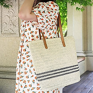 QTKJ Beach Bag for Women, Summer Straw Bag, Hand-woven Tote Bag, Striped Leather Shoulder Strap Rattan Handbag, Large Shoulder Bag Suitable for Vacation Travel Daily (Khaki)