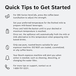 Bosch TIU20307 300 Series Fully Automatic Espresso Machine with Milk Express (in-cup frother), LCD + Touch Control Panel, OneTouch Milk-based Beverages and 5 Beverage Options, in Silver