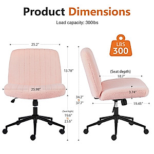 Pink Criss Cross Chair with Wheels, Vanity Desk Chair with Back, Ergonomic Armless Cross Legged Chair with Adjustable High for Vanity Home Office Makeup Room, Teddy Fabric, Comfy Cushion (Pink)