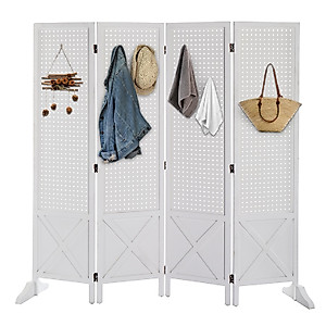 VINGLI Freestanding Pegboard with Support Feet, 5 FT Wood Room Divider Display Board Organizer, Folding Privacy Screen Partition Space Separator for Craft Shows Events Retail (White, 4 Panel)