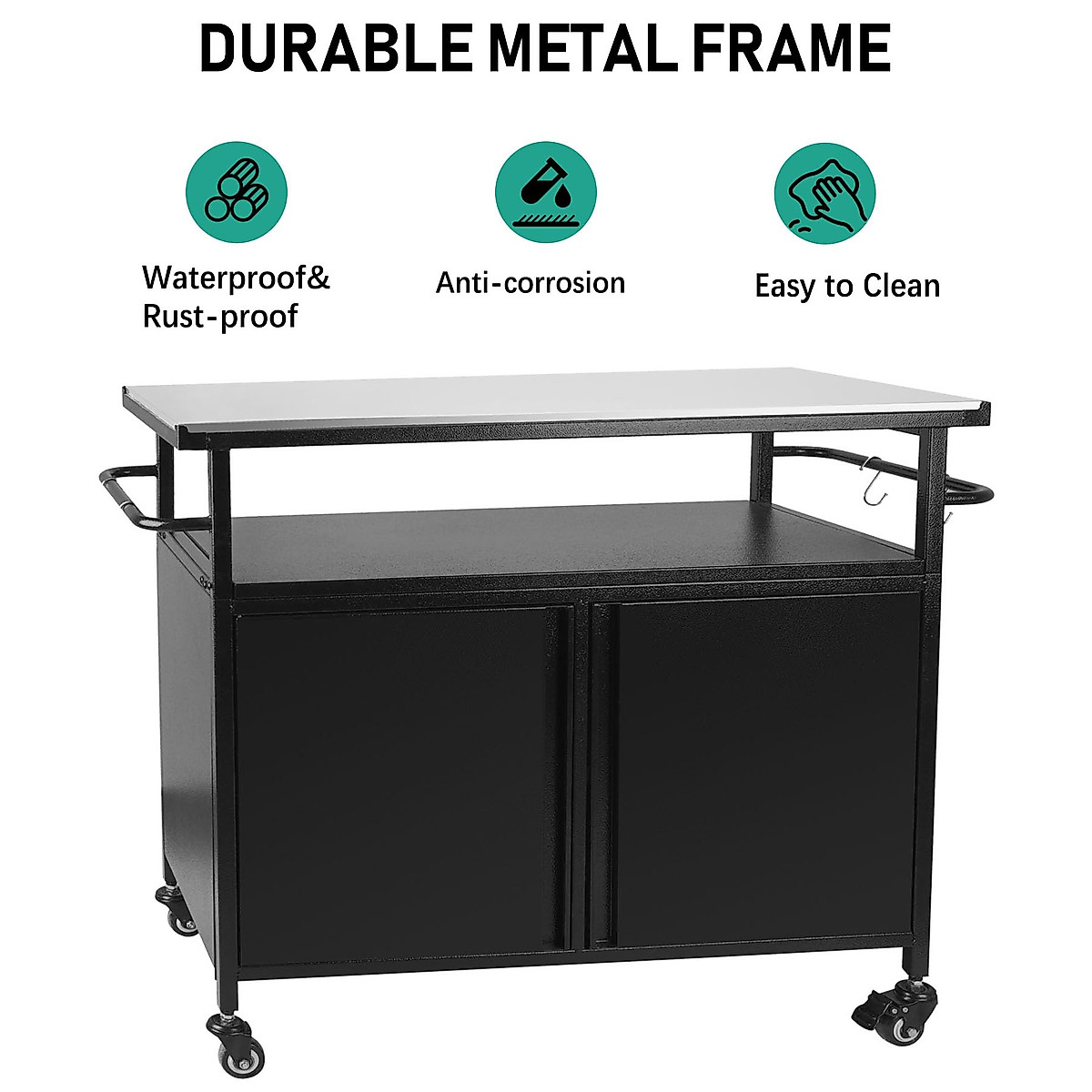 Karpevta Outdoor Grilling Table with Storage, Metal Outdoor Grill Cart with Storage and Wheels,Stainless Steel Countertop Kitchen Island Cart and Storage Cabinet for BBQ,Patio,Backyard
