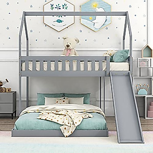 GLORHOME Twin Over Full House Bunk Bed， Detachable to Floor Bedframe and A Loftbed, with Slide, Built-in Ladder,Full-Length Guardrail for Kids Adults,Roof can be Decorated