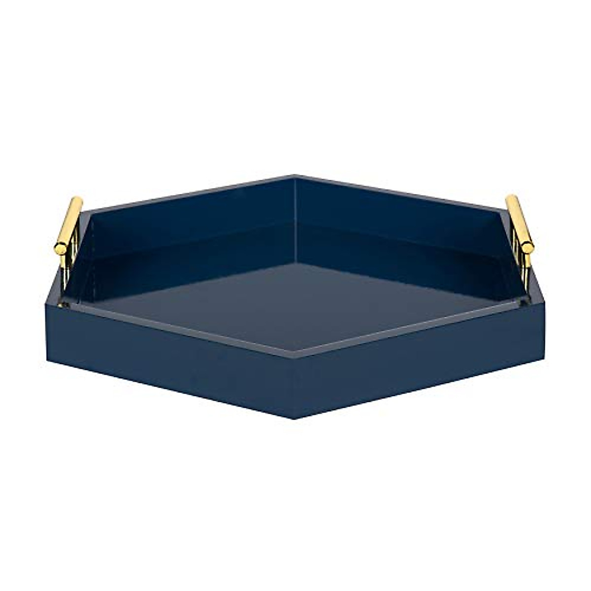 Kate and Laurel Lipton Hexagon Decorative Tray with Polished Metal Handles, Navy Blue and Gold