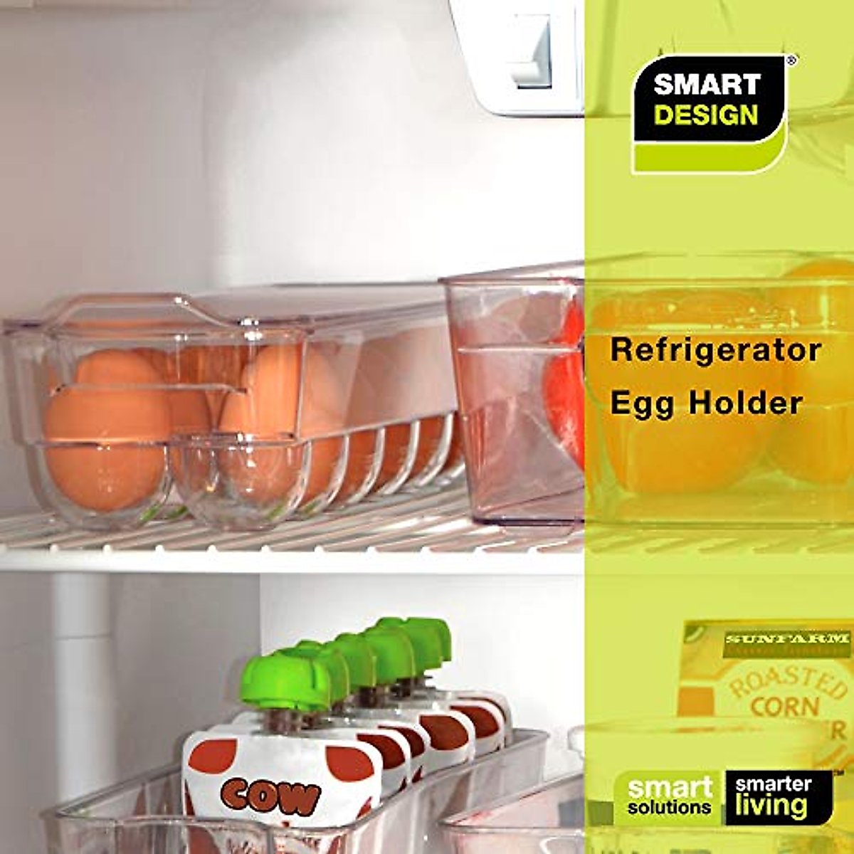 Smart Design Stackable Egg Holder for Refrigerator – Set of 4, Holds 32 Eggs Total, 15 x 4 in. – Egg Holder with Handle and Lid for Easy Fridge Organization and Storage – Made with BPA-Free Plastic