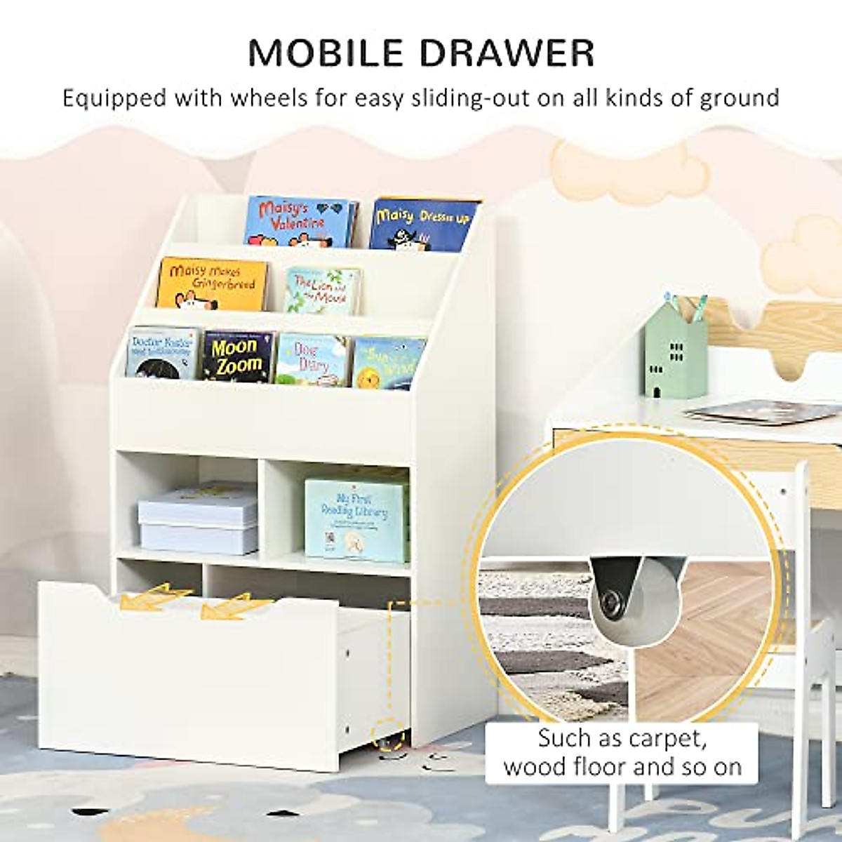 HOMCOM Kids Bookcase Multi-Shelf Rack Organizer with Storage Drawer for Books, Playroom, White