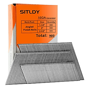 SITLDY 16 Gauge Angled Finish Nails, 20-Degree, 900-Pack (1-1/4", 2", 2-1/2", 300 Per Sizes), Galvanized Assorted Size Project Pack