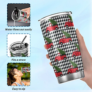 Yasala Christmas Tumbler Red Truck Black Plaid Insulated Coffee Cup Back to School Beverage Container Office Travel Mug with Straw and Lid 20oz Holiday New Year Gift