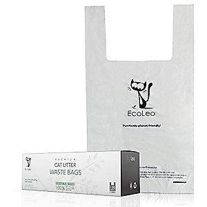 Cat Litter Waste Poop Bags - X-Large, Compostable, Plastic-free, Thick, Leak Proof, Pet/Dog Poo Bags with Easy-Tie Handles,10.5 x 18.5 inch, White, EcoLeo