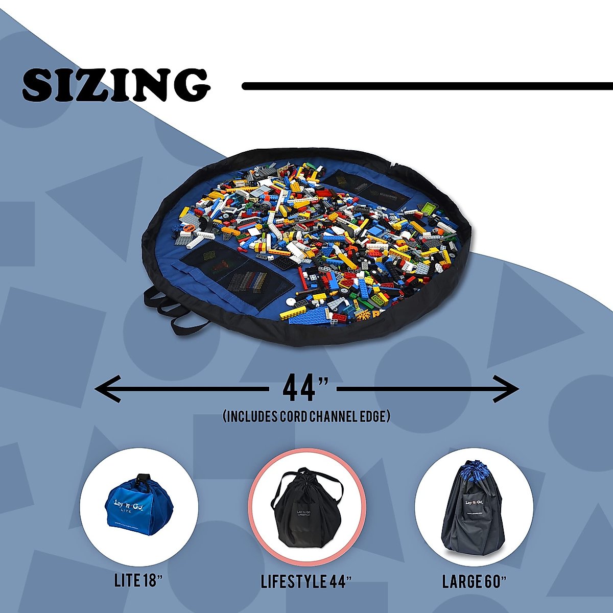 Lay-n-Go 4-in-1 Drawstring Toy Storage Organizer Mat - Durable Machine Washable Drawstring Bag for Lego & Other Toys - Easy-to-Clean Pull String Bag w/ 4 Mesh Pockets & Raised Lip (44”, Blue/Black)
