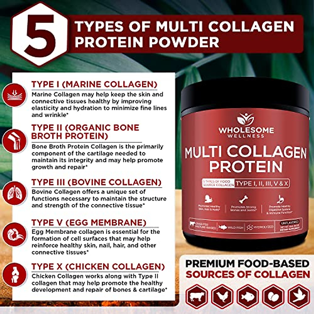 Multi Collagen Protein Powder Hydrolyzed (Type I II III V X) Grass-Fed All-in-One Super Bone Broth + Collagen Peptides - Premium Blend of Grass-Fed Beef, Chicken, Wild Fish, Eggshell Collagen