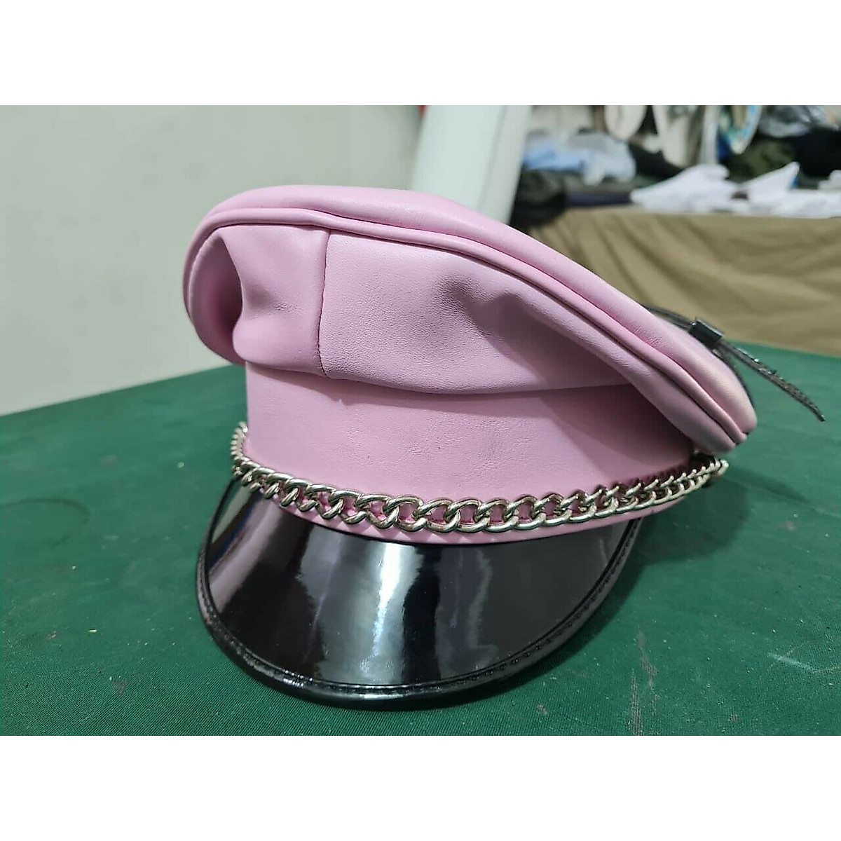 Real Leather Pink Leather Biker Peaked Muir Army Police Gay Chain Cap Party Hat, 7 1/4
