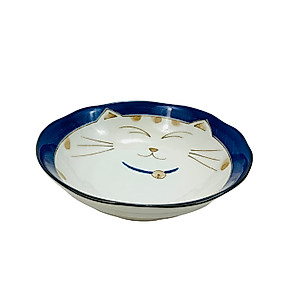 JapanBargain 2562, Japanese Porcelain Shallow Soup Bowl for Dinner Lunch Rice Poke Donburi Udon Ramen Noodle Pasta Cereal Maneki Neko Lucky Cat Pattern for Cat Lovers Made in Japan, 6.75-inch, Blue