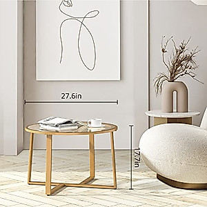 Evajoy Round Glass Coffee Table, 27.6" Gold Coffee Table with Tempered Clear Glass Surface for Living Room, Simple & Modern Center Circle Coffee Table for Small Space, Easy Assembly