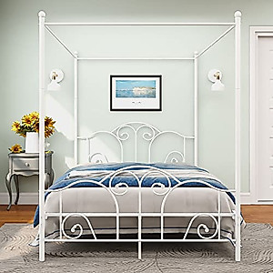 alazyhome Queen Canopy Platform Bed Frame with Headboard and Strong Support Frames Easy Assembly Noise-Free No Box Spring Needed White