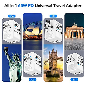 NASTIMA 65W Universal Travel Adapter Worldwide, 3USB-C PD & 2USB-A QC Travel Charger, GaN III Technology for Laptops Tablets Phones with UK,EU,AU,US Plugs (Type G/C/I/A)