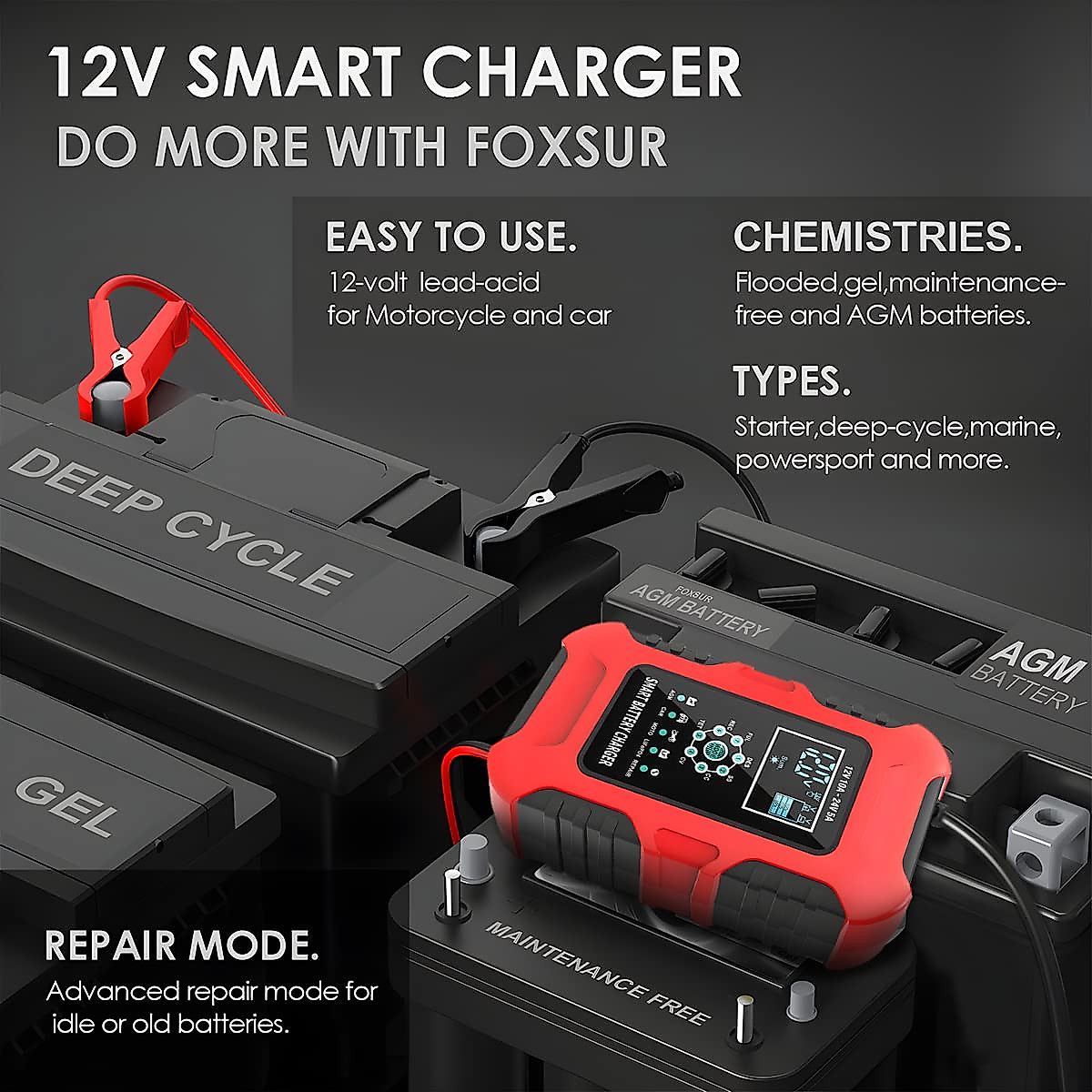 10-Amp Battery Charger, 12V/10A 24V/5A Smart Automatic Maintainer Trickle Charger with Temperature Compensation, 7 Stage Lead Acid AGM LiFePO4 Battery Charger for Cars Motorcycles Boats