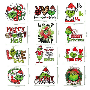 12 Sheet Christmas Heat Transfer Vinyl Decals Cute Cartoon Iron On Transfers Stickers Christmas HTV Vinyl Iron on Patches Designs for T-Shirts Clothing Bags DIY Decorations