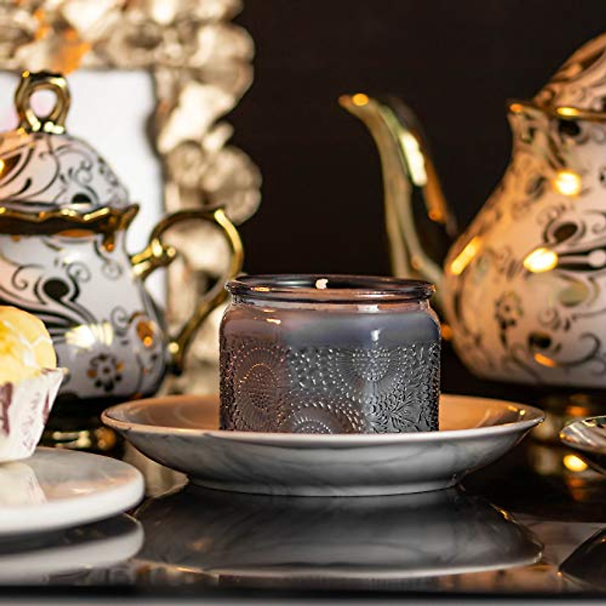 Art Secret 4oz Embossed Glass Candle Container with Tin Lid and Labels (Gray, Octagon)