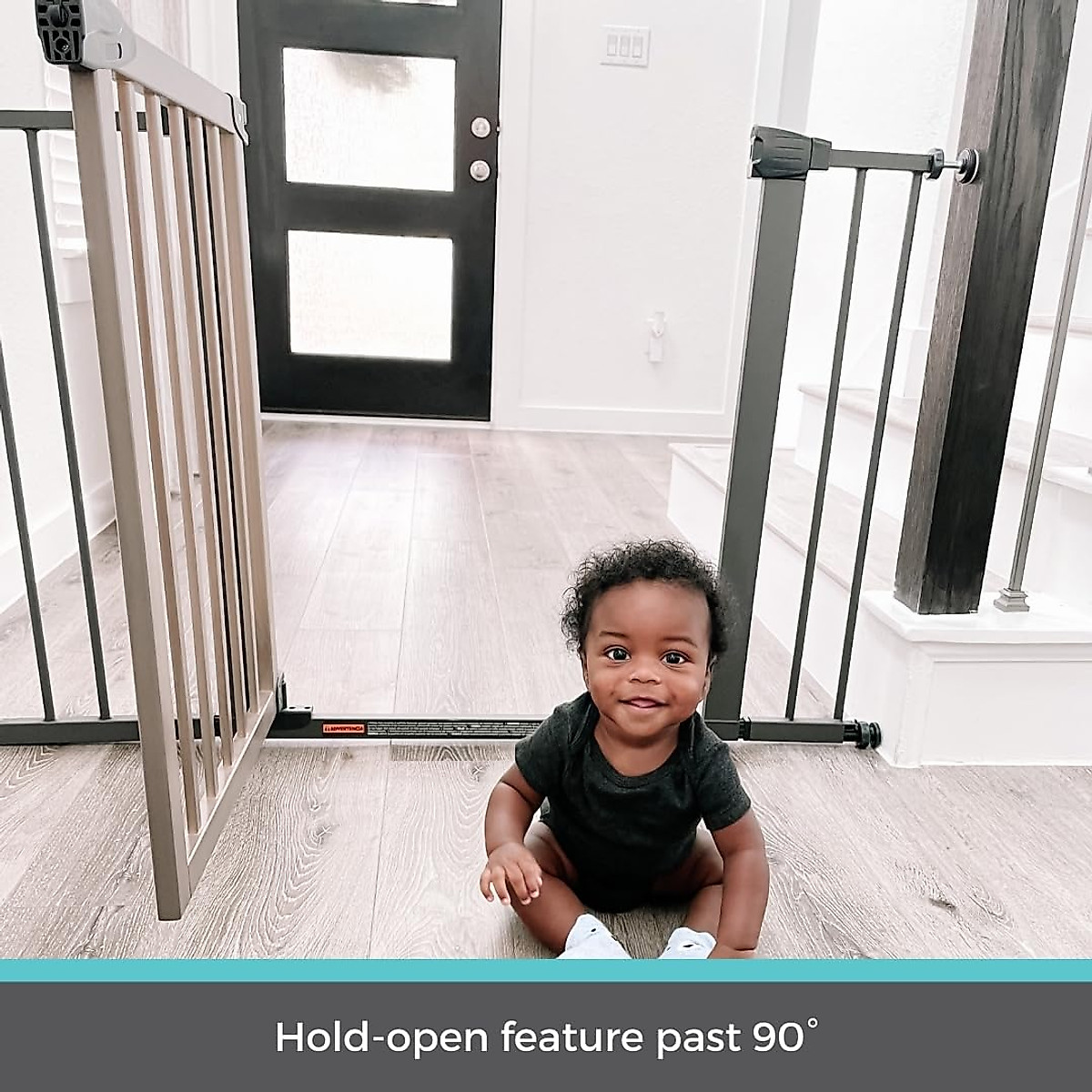 Toddleroo by North States Driftwood Extra Wide Auto Close Baby Gate: Self-Closing Child Gate with Hold-Open Feature. Pressure Mounted Baby Gate, Fits 29.75” to 52” Wide. (30" Tall, Graphite and Wood)