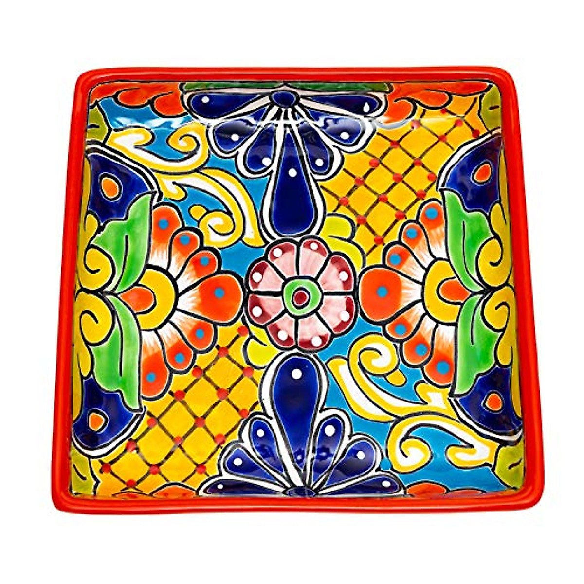 Enchanted Talavera Mexican Pottery Ceramic Large Appetizer Tray Serving Dishes Platter Dish Food Plate Condiments Organizer (Square 6 Piece Set, Red)