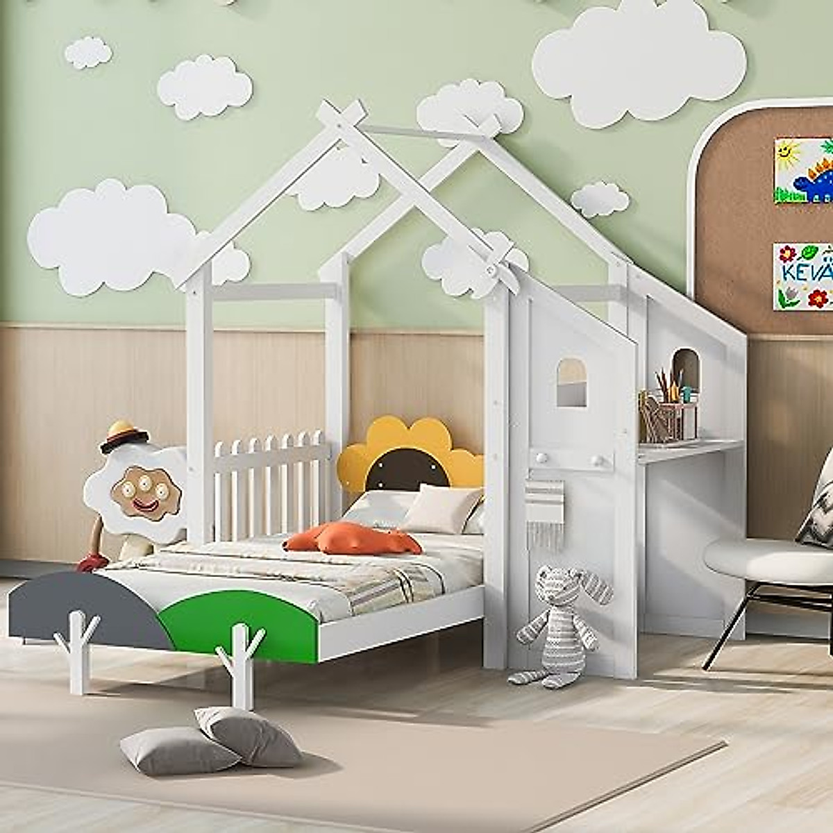 NCKMYB Kids House Bed with Flower Decor Headboard, Twin Size Wood Platform Bed with Desk, Fun Playhouse Bed for Boy Girl, White
