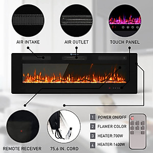 60" Electric Fireplace Recessed Ultra-Thin Insert, Wall Mounted and in-Wall Easy Installation with Remote Control, 700W/1400W, Low Noise (Fake Fire)