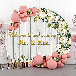 Yeele 7x7ft Mr & Mrs Wedding Round Backdrop Wooden Texture White Rose Floral Photography Background Bride and Groom Engaged Ceremony Anniversary Bridal Shower Party Supplies Photo Booth Props
