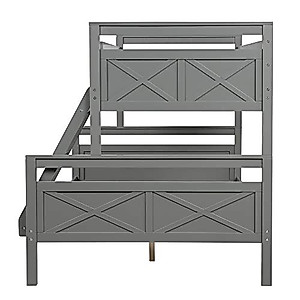 Ochangqi Twin Over Full Bunk Bed Frame with Ladder, Solid Wood Bunk Beds Loft Bed Frame Twin Over Full Size with Guardrail, Can Be Separated Into Twin/Full Size Bed, No Box Spring Needed (Gray)